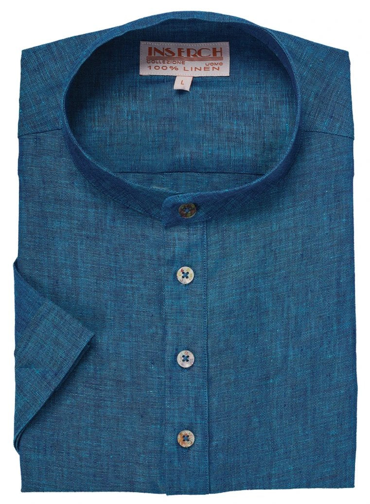 MEN'S DEEP SEA BLUE LINEN BANDED COLLAR POP OVER SHIRT BY INSERCH ...